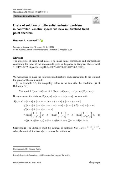 pdf errata of solution of differential inclusion problem in controlled s metric spaces via new