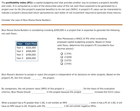 Solved The Profitability Index Pi Is A Capital Budgeting