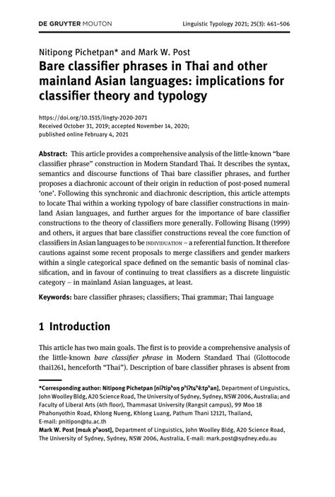 Pdf Bare Classifier Phrases In Thai And Other Mainland Asian Languages Implications For