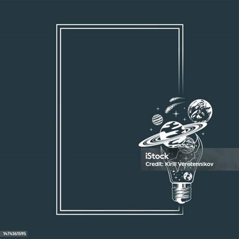 행성 별 깨진 전구가 있는 천상의 직사각형 프레임 마법 인사말 카드 및 초대장에 대한 검은 배경에 신비로운 테두리 보호 스타일의 손으로 그린 벡터 그림 0명에 대한 스톡