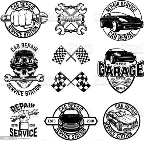 자동차 서비스 스테이션 엠 블 럼 및 디자인 요소 집합입니다 라벨 사인 배너 T 셔츠 포스터에 대 한 고무도장에 대한 스톡 벡터