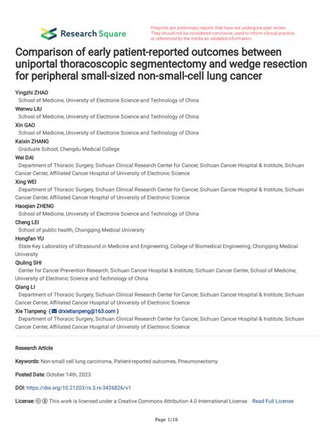 Pdf Comparison Of Early Patient Reported Outcomes Between Uniportal Thoracoscopic