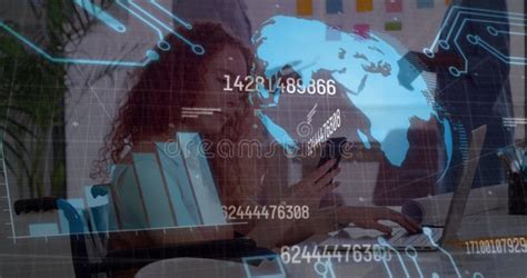 Image Of Graph Globe Number Coding Over Caucasian Businesswoman Image Of Graph Globe Number Coding Over Caucasian Businesswoman