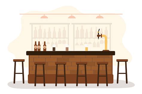 카운터가 있는 바 레스토랑 펍 카운터 바 의자 알코올 선반이 있는 인테리어 사람도없고 비어 있습니다 맥주 수도꼭지 유리잔 및 맥주병 바에 대한 스톡 벡터 아트 및 기타