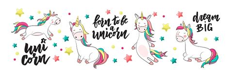 귀여운 유니콘 마술 디자인 과 손 글자 따옴표 카드 포스터 티셔츠 초대장 배너 템플릿에 대한 벡터 일러스트레이션 0명에 대한