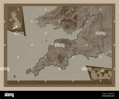 South West Region Of United Kingdom Elevation Map Colored In Sepia Tones With Lakes And Rivers