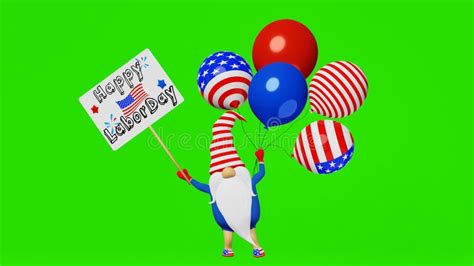 United States Labor Day Gnome In Hat With Signboard And Balloons 3d