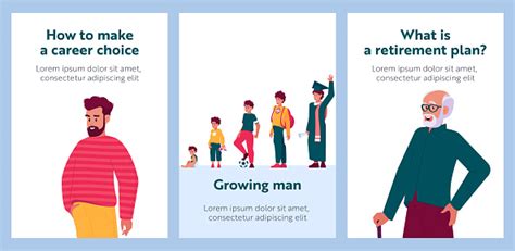 만화 배너 남자의 성장 단계 노화 타임 라인 직업 선택 은퇴 계획을 세우는 방법 남성 캐릭터 개념에 대한 스톡 벡터 아트 및 기타 이미지 Istock
