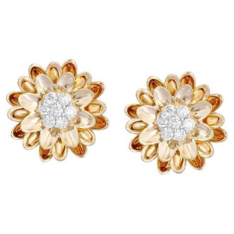 Vintage 14k Yellow Gold Diamond Flower Earrings For Sale At 1stdibs