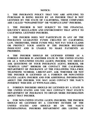 California Surplus Line Insurer Notice Blank Fillable Template Fill