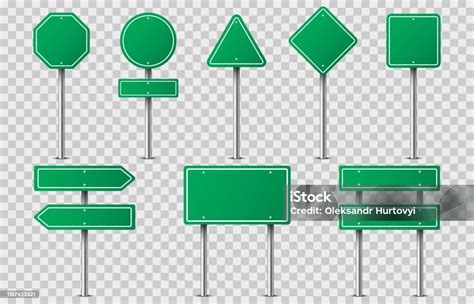 투명 한 배경에 녹색 도로 표지판의 집합입니다 빈 교통 도로 빈 표지판입니다 디자인에 대한 템플릿을 모의합니다 거리에 대한 스톡