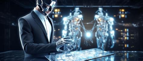 Premium Photo A Man Playing A Keyboard With A Robot On The Screen