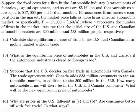 Solved Suppose The Fixed Costs For A Firm In The Automobile