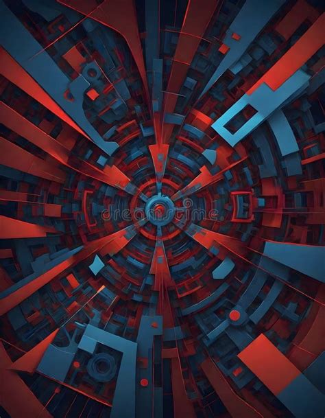 Abstract Complex Geometric Pattern With A Central Circular Element In Shades Of Blue And Red