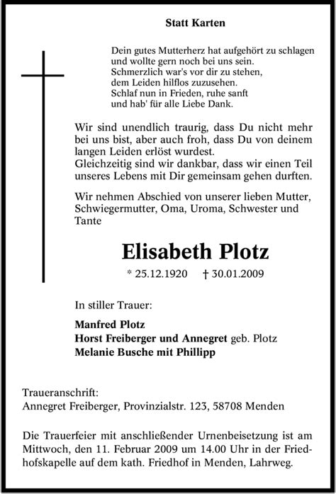 Traueranzeigen Von Elisabeth Plotz Trauer In Nrw De