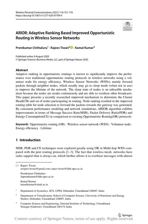 arior adaptive ranking based improved opportunistic routing in wireless sensor networks