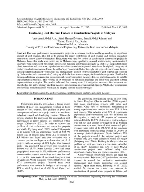 2 Controlling Cost Overrun Factors In Construction Projects In Malaysia Pdf Project