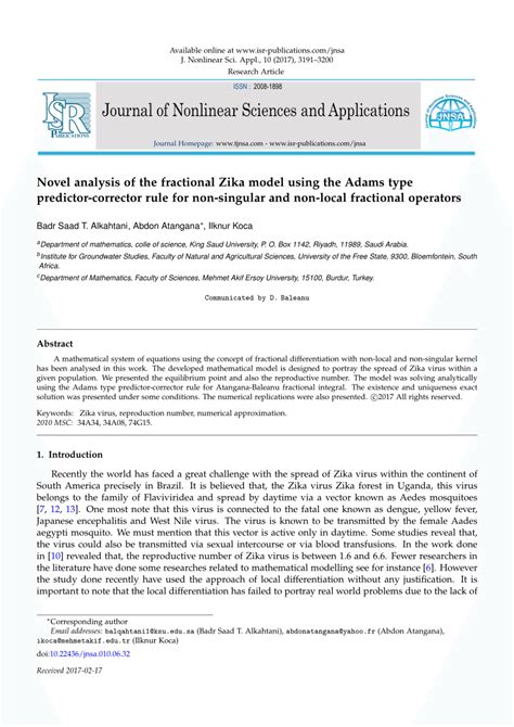 Pdf Novel Analysis Of The Fractional Zika Model Using The Adams Type Predictor Corrector Rule