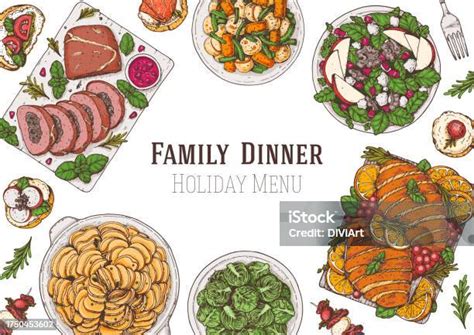 가족 저녁 식사 휴일 메뉴 음식 디자인 템플릿입니다 만화 스타일의 배경입니다 음식과 음료 세트 손으로 그린 디자인 템플릿입니다 미트 로프 식사에 대한 스톡 벡터 아트 및