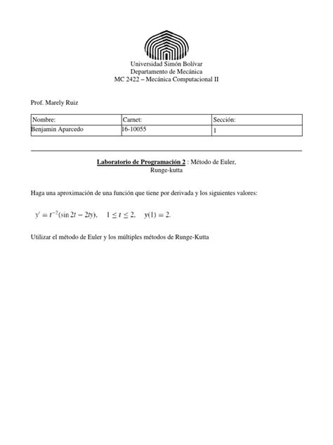 laboratorio 4 metodo de euler y rk pdf ecuaciones análisis numérico