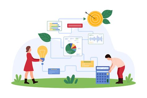 비즈니스 프로젝트 개발 전구와 계산기를 가진 작은 사람들이 차트에서 작업합니다 2명에 대한 스톡 벡터 아트 및 기타 이미지