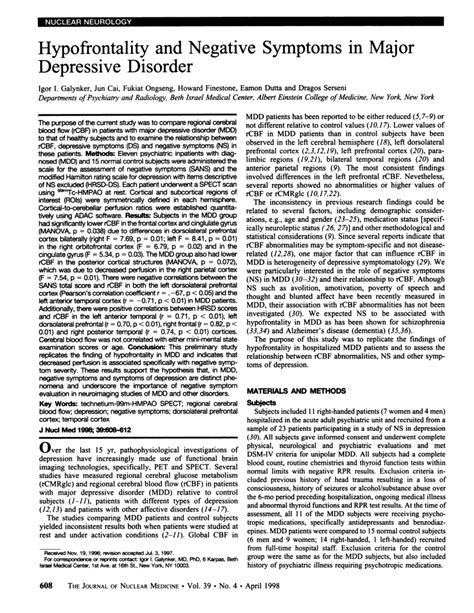 Pdf Hypofrontality And Negative Symptoms In Major Depressive Disorder