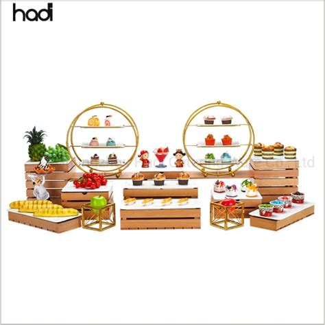 Inflight Catering Elevation Buffet Beauty Skyline Cold Sweet Sushi Display Rack Wooden Buffet