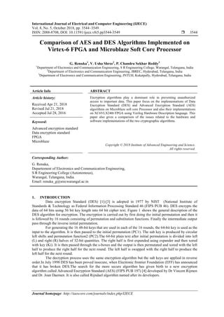 Comparison Of AES And DES Algorithms Implemented On Virtex FPGA And Microblaze Soft Core