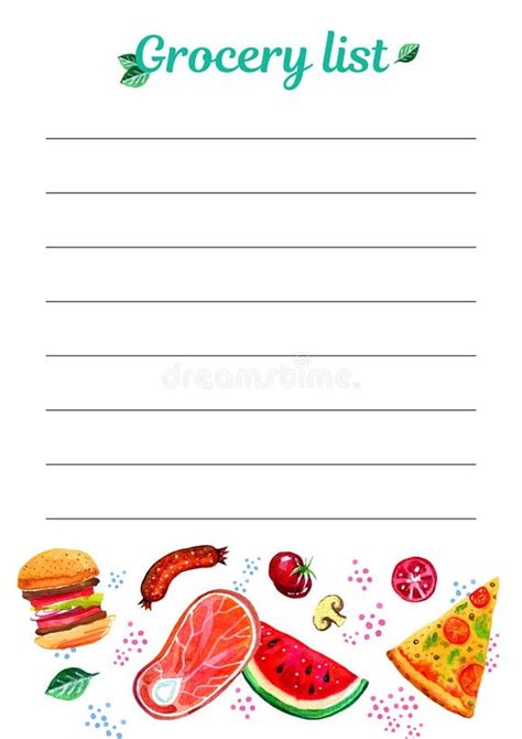 Calibre De Liste Dépicerie Avec Lillustration Daquarelle De La Nourriture Assortie Conception