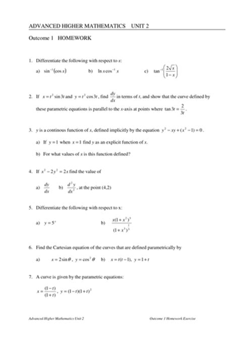Advanced Higher Mathematics Homework Set For Units 1 2 And 3