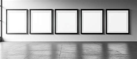 Five Empty Square Frames With Black Borders Hanging On A White Wall In A Modern Gallery Setting