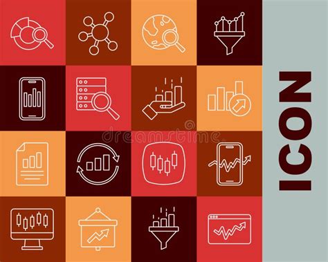 Set Line Graph Chart Infographic Mobile Stock Trading Financial Growth Search Globe Server