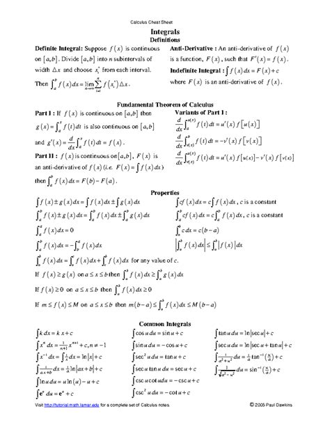 Calculus Cheat Sheet Integrals 220831 151531 Integrals Definitions