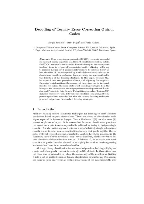 Pdf Decoding Of Ternary Error Correcting Output Codes