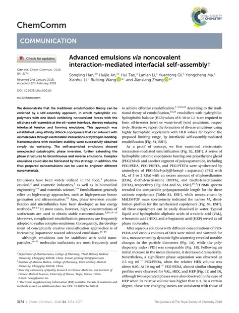 Pdf Advanced Emulsions Via Noncovalent Interaction Mediated Interfacial Self Assembly