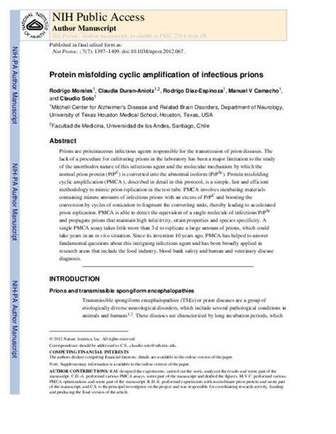 Pdf Protein Misfolding Cyclic Amplification Of Infectious Prions