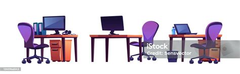 컴퓨터 책상 의자 비즈니스 오피스 또는 가정용 가구 고립 만화 세트가있는 빈 작업장 벡터 현대 빈 직장 상사 서기 기업 직원을