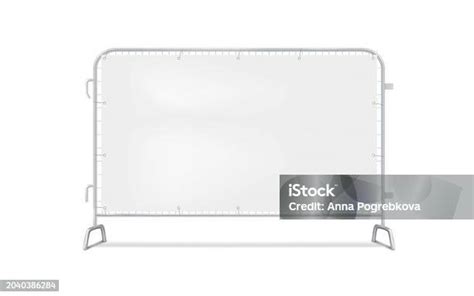 흰색 빈 그로밋 배너 스트리머가 있는 금속 연동 바리케이드 울타리 사실적인 벡터 모형 스트레치 그래픽 패널 모형이 있는 강철 격자 장벽 울타리에 대한 스톡 벡터 아트 및