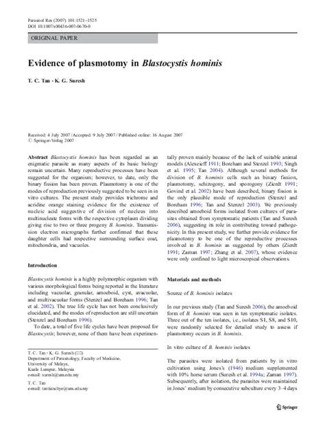 Pdf Evidence Of Plasmotomy In Blastocystis Hominis