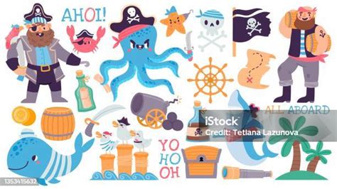 만화 해적 선장과 선원 두개골 보물 상자와지도 모험 섬 상어 문어 깃발과 럼 키즈 해적 벡터 세트 해적에 대한 스톡 벡터 아트