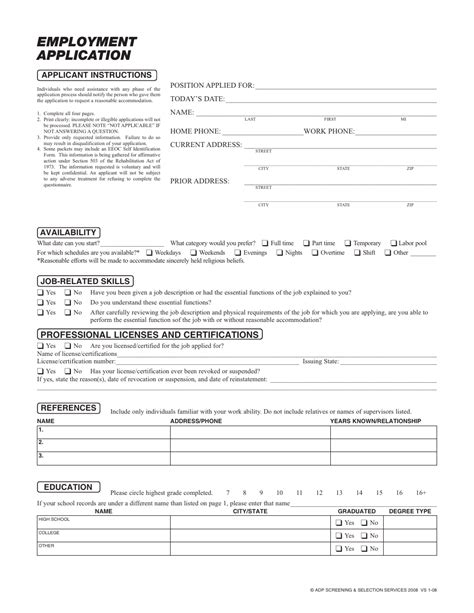 Employment Application Form Adp Screening And Selection Services Fill