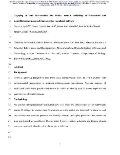 Pdf Mapping Of Snail Intermediate Host Habitat Reveals Variability In Schistosome And
