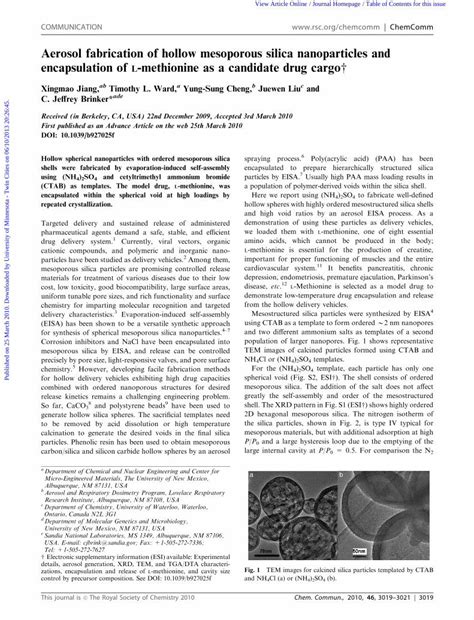 Pdf Aerosol Fabrication Of Hollow Mesoporous Silica Nanoparticles And Encapsulation Of L
