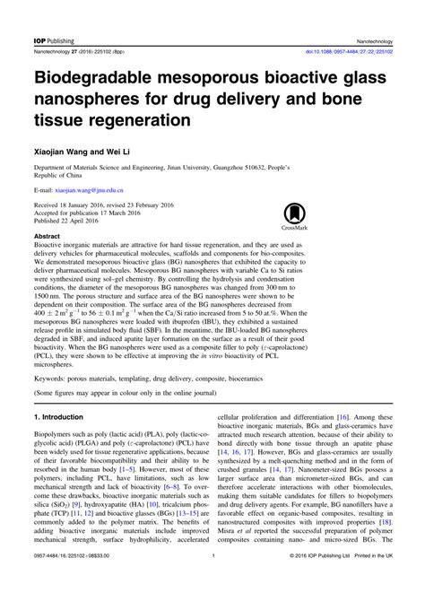 Biodegradable Mesoporous Bioactive Glass Nanospheres For Drug Delivery And Bone Tissue