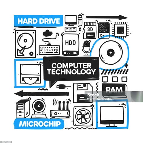 컴퓨터 기술 개체 및 요소 벡터 낙서 일러스트 컬렉션입니다 손으로 그린 아이콘 세트 또는 배너 템플릿 Cpu에 대한 스톡 벡터 아트 및 기타 이미지 Istock