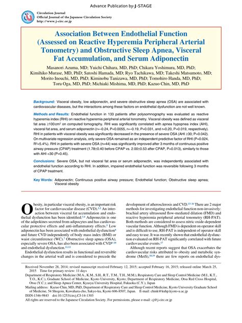 Pdf Association Between Endothelial Function Assessed On Reactive Hyperemia Peripheral
