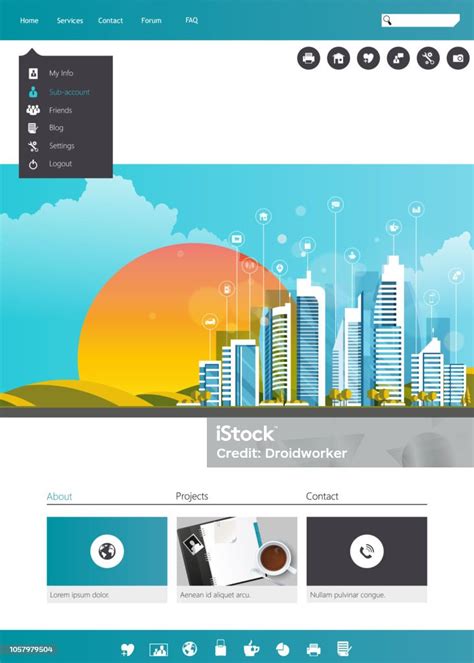 스마트 시티 헤더 디자인의 플랫 일러스트와 함께 한 페이지 웹 사이트 서식 파일 Html에 대한 스톡 벡터 아트 및 기타 이미지 Html 개념 거리 Istock
