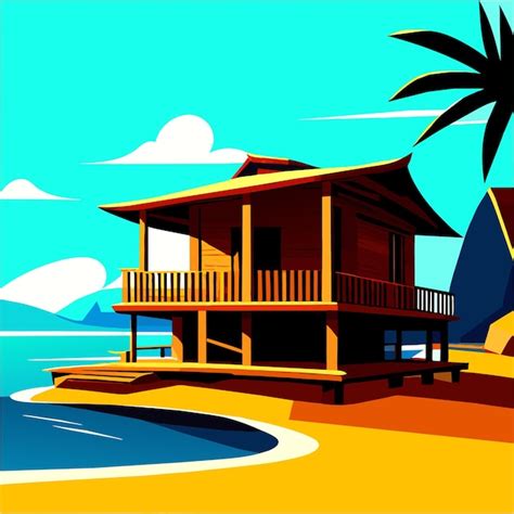 해변에 있는 나무 집 터 일러스트레이션 프리미엄 벡터