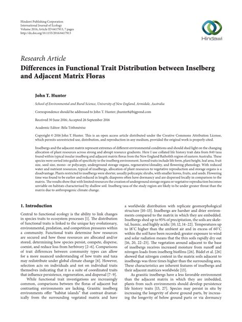 Differences In Functional Trait Distribution Between Inselberg And Adjacent Matrix Floras Docslib