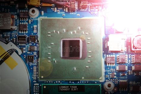 Computer Technology Close Up Of A Computer Chip On A Circuit Board Light Effect Stock Photo